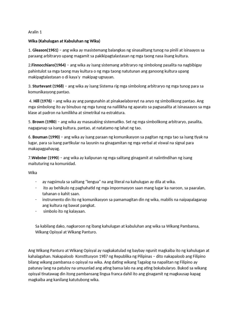 Wika (Kahulugan at Kabuluhan NG Wika) Gleason (1961) Finnocchiaro (1964 ...