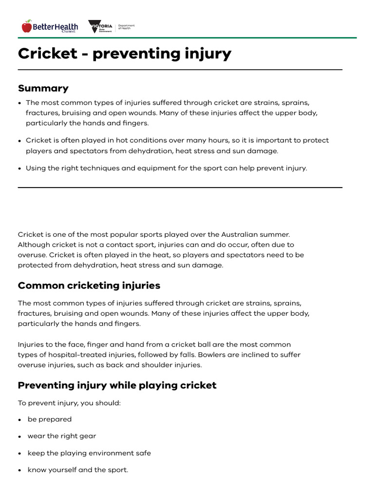 Cricket - Preventing Injury - Better Health Channel | PDF