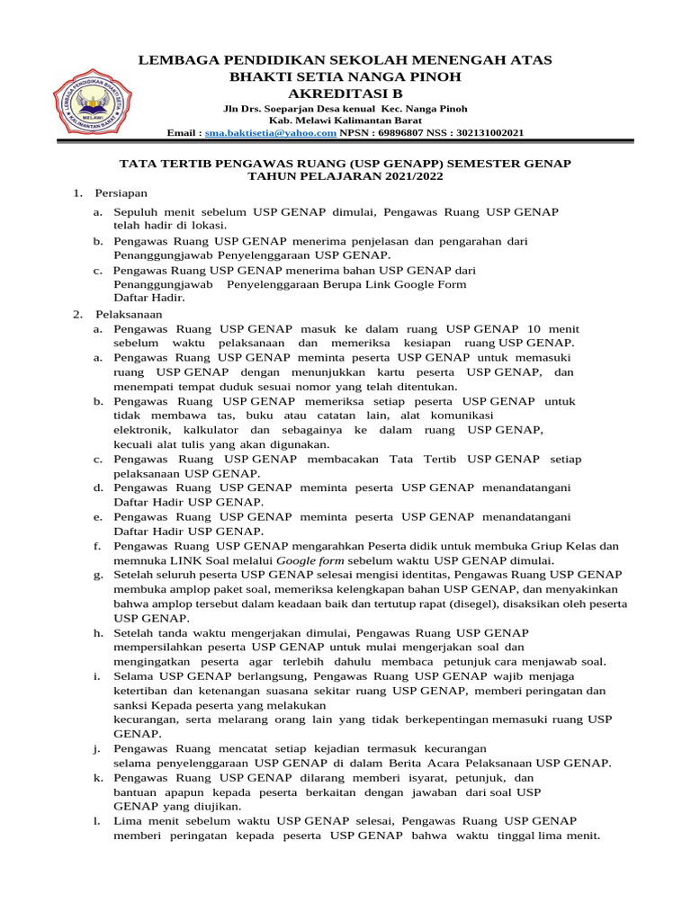 Tata Tertib Pengawas Us - Bhakti Setya NG - Pinoh | PDF