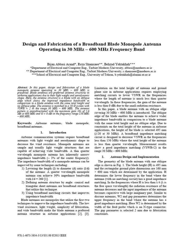 Design and Fabrication of A Broadband Blade Monopole Antenna Operating ...