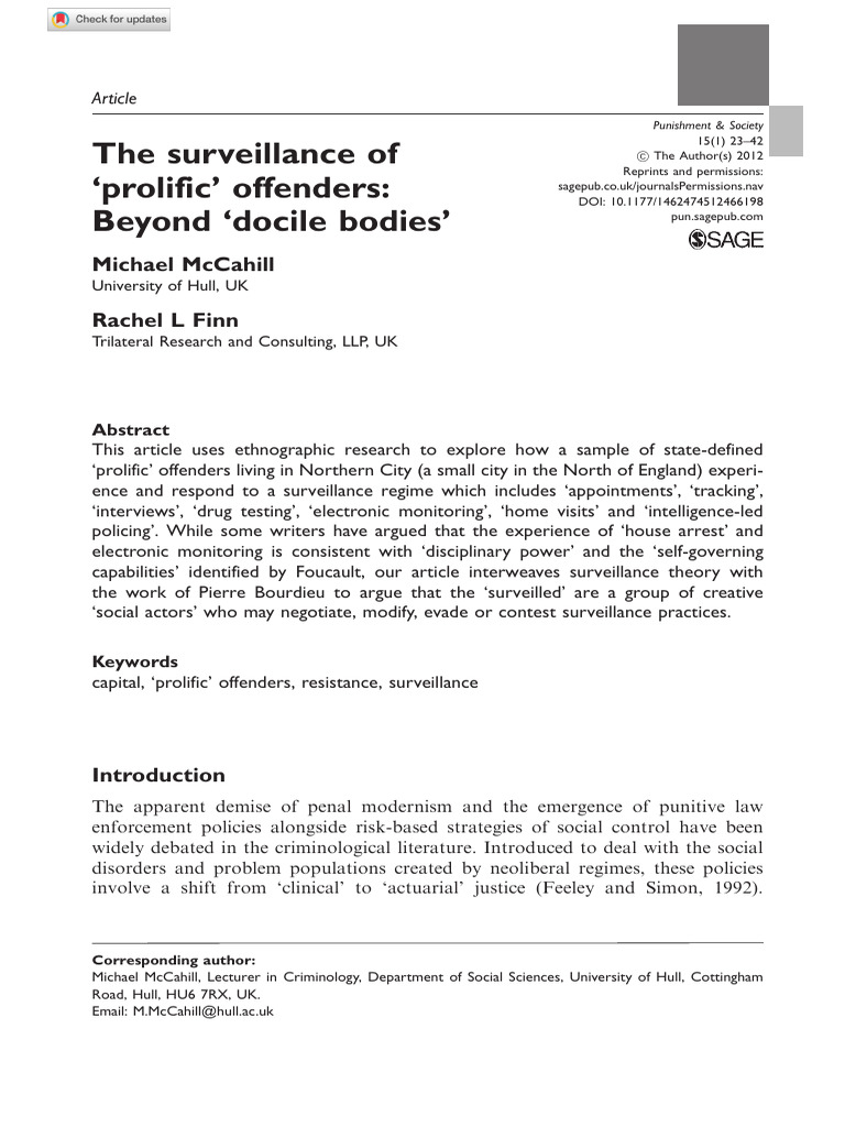 The Surveillance of Prolific' Offenders - Beyond Docile Bodies' | PDF