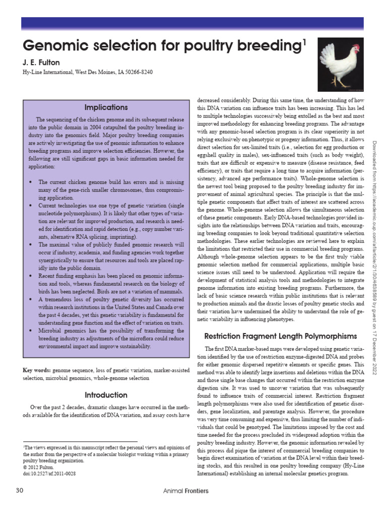 Genomic Selection For Poultry Breeding: J. E. Fulton | PDF