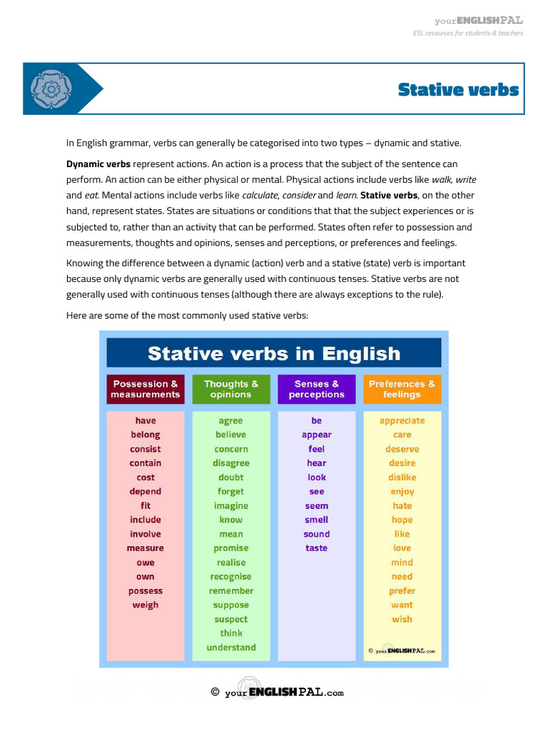 Your English Pal Grammar Explanation Stative Verbs v2 | PDF