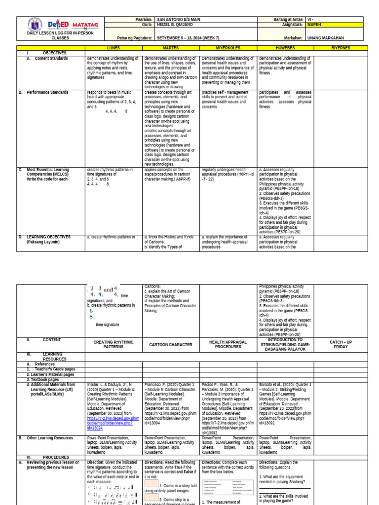 G6 Q1W7 DLL MAPEH (MELCs) | PDF