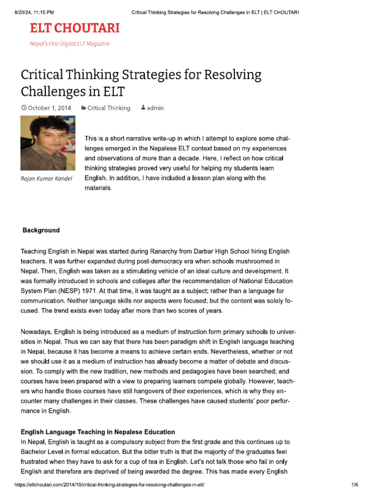 Critical Thinking Strategies For Resolving Challenges in ELT | PDF