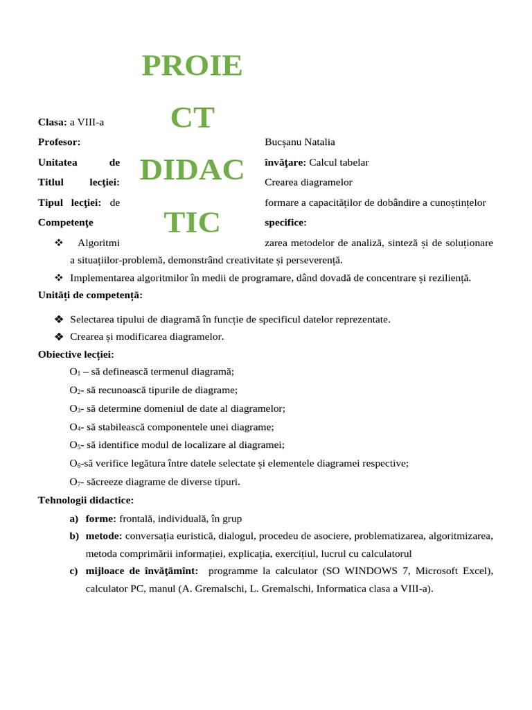 PROIECT DIDACTICT - Calcul Tabelar | PDF