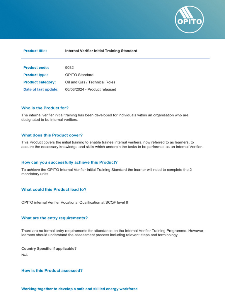 Internal Verifier Initial Training Standard Product Specification | PDF