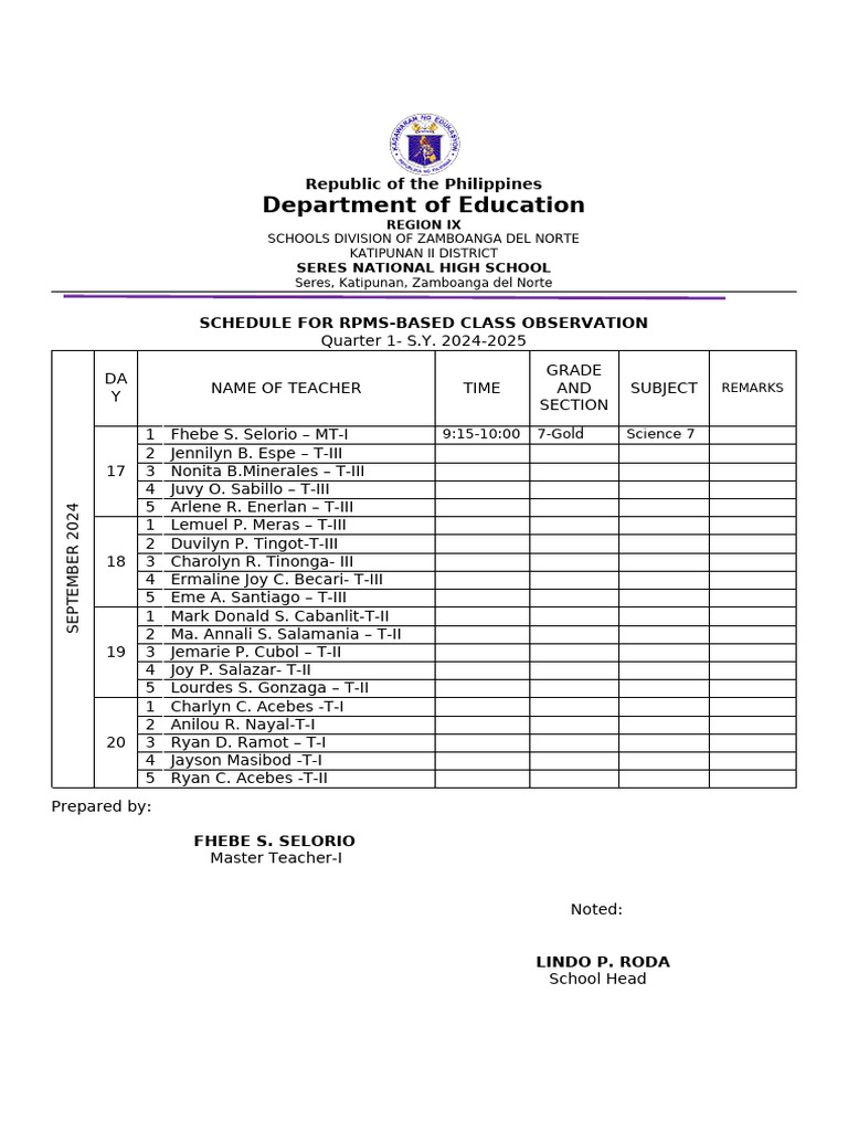 Class Observation Schedule Q1 2024-2025 | PDF
