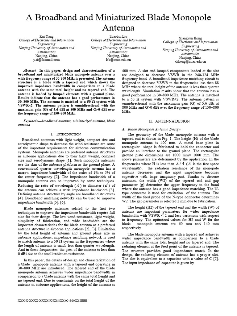 Broadband Miniaturized Blade Monopole Antenna | PDF | Antenna (Radio ...