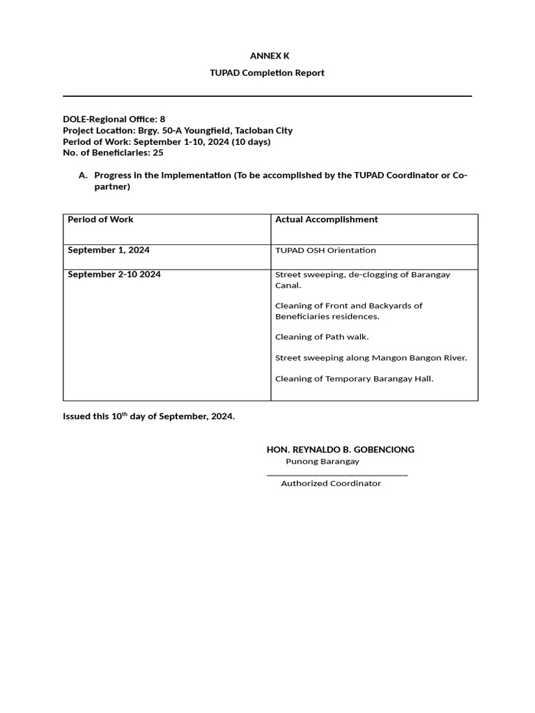 Tupad Completion Report | PDF Tupad Completion Report | PDF