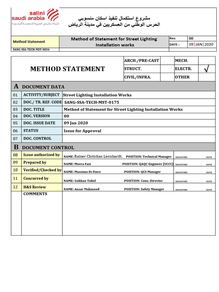 Method Statement for Street Lighting Installation Works (8) | PDF