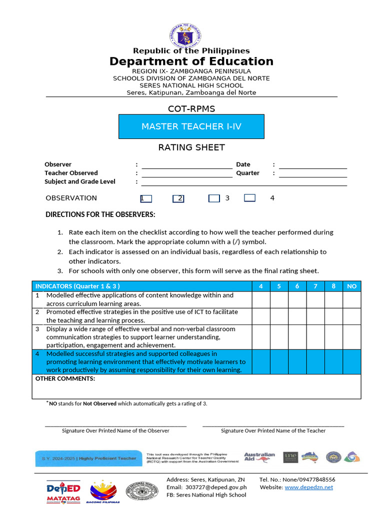 COT Rating Sheet 2024-HP | PDF | Teachers | Learning