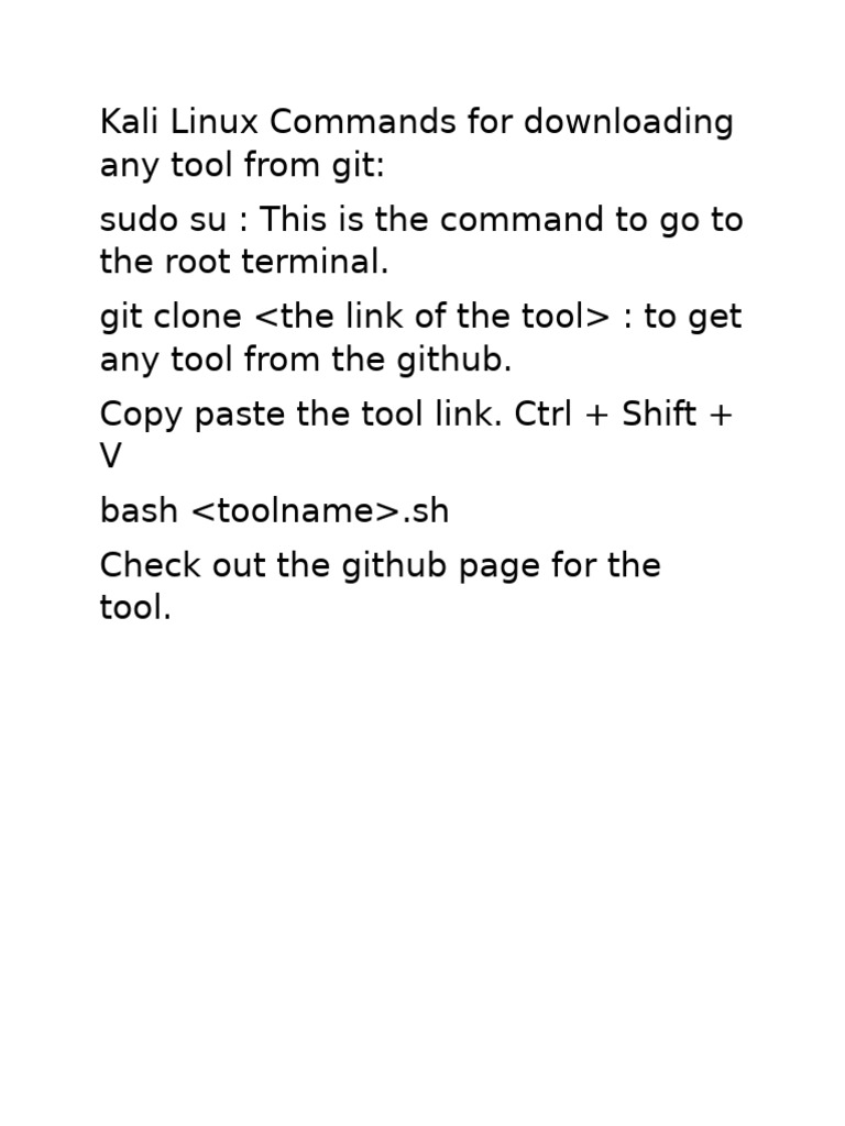 Kali Linux Commands For Downloading Any Tool From Git | PDF