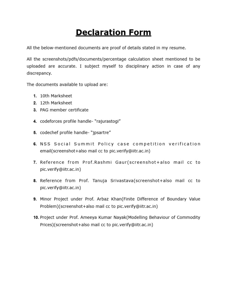 Declaration Form For Resume Verification | PDF