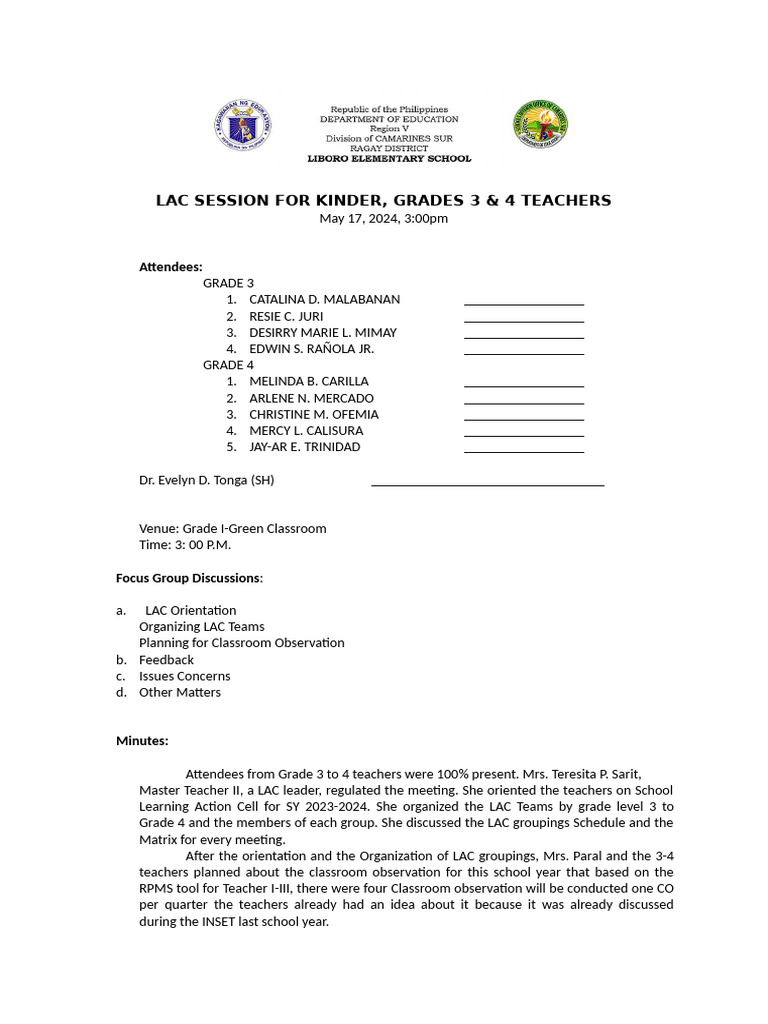 LAC SESSION FOR GRADES k-2-1 | PDF