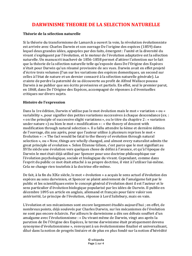 DARWINISME THEORIE DE LA SELECTION NATURELLE (4 Pages - 69 Ko) | PDF