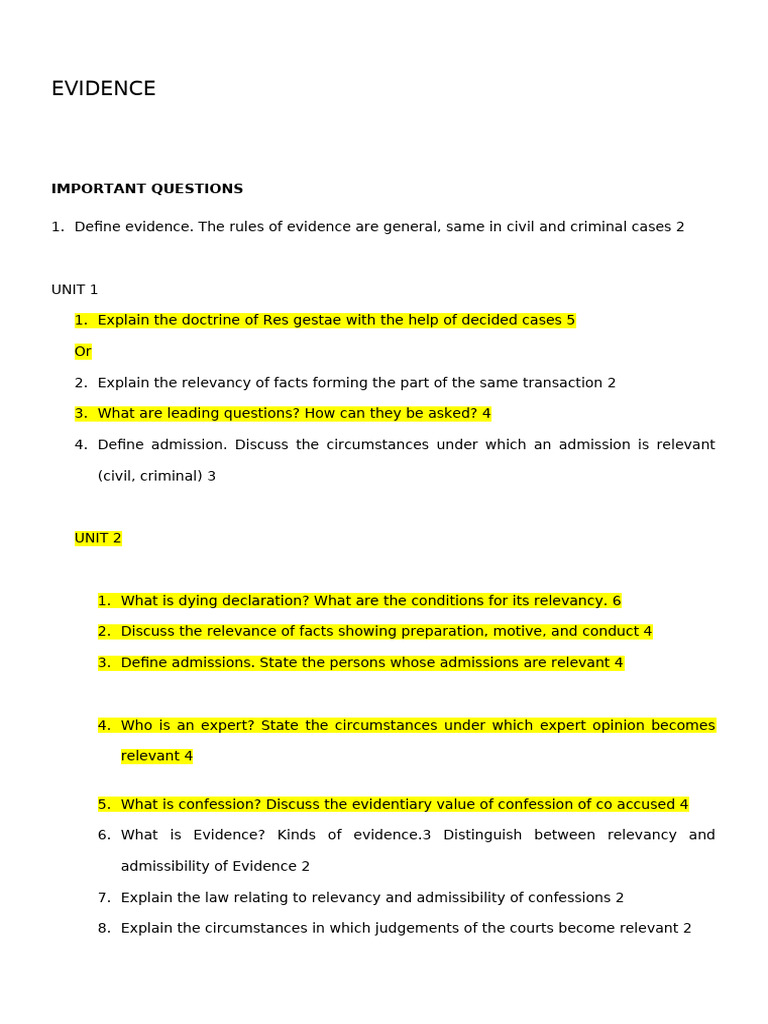 EVIDENCE Imp Questions | PDF