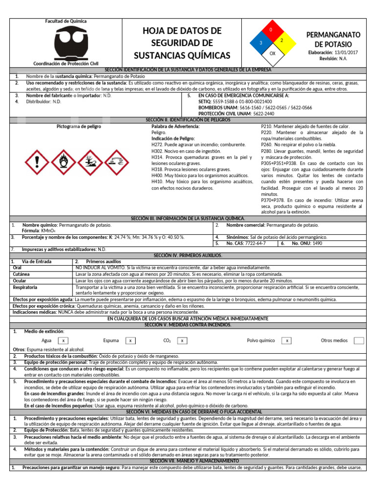 HDS Permanganato de Potasio NOM 018 2015 RAFA MEAG Hoja de Datos | PDF