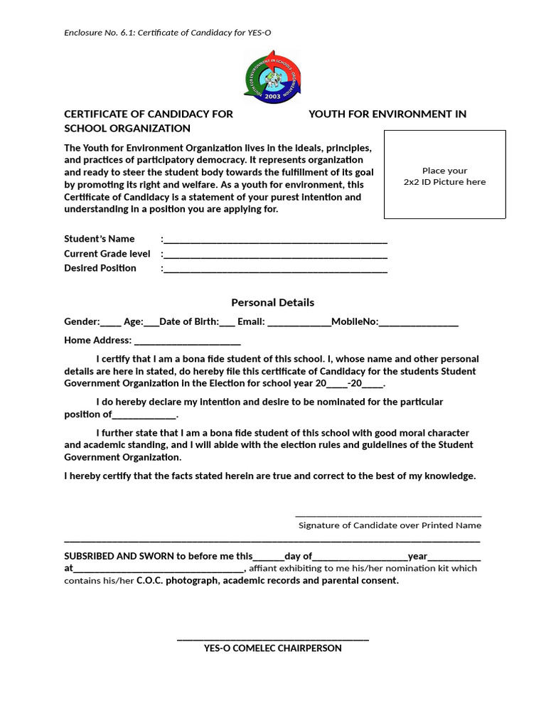 YES-O Certificate of Candidacy Form | PDF