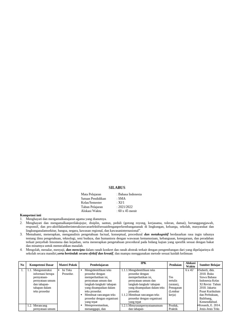 Silabus Bindo KLS Xi 2020-2021 | PDF