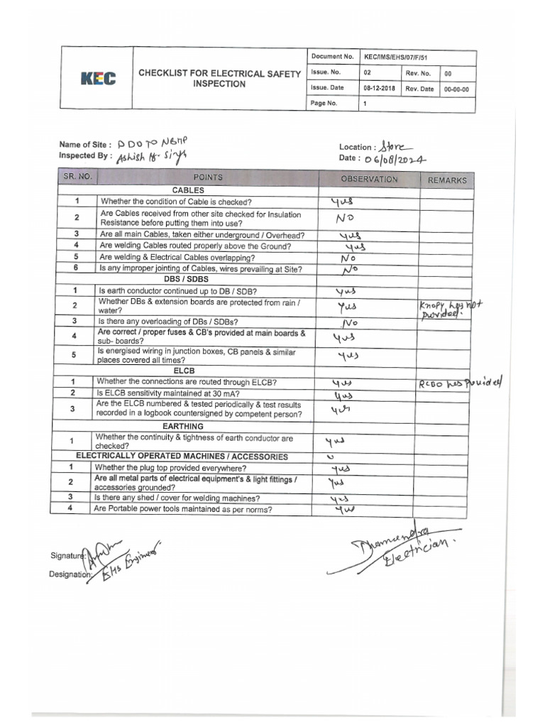 Electrical Check List | PDF
