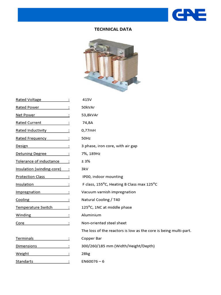 50 KVAr 415V %7 HFR Technical Specification GAE | PDF