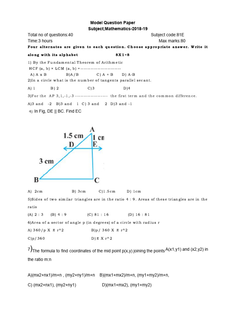 Karnataka 10th Mid Term SA1 Exam Maths Question Paper 1 Eng Med | PDF