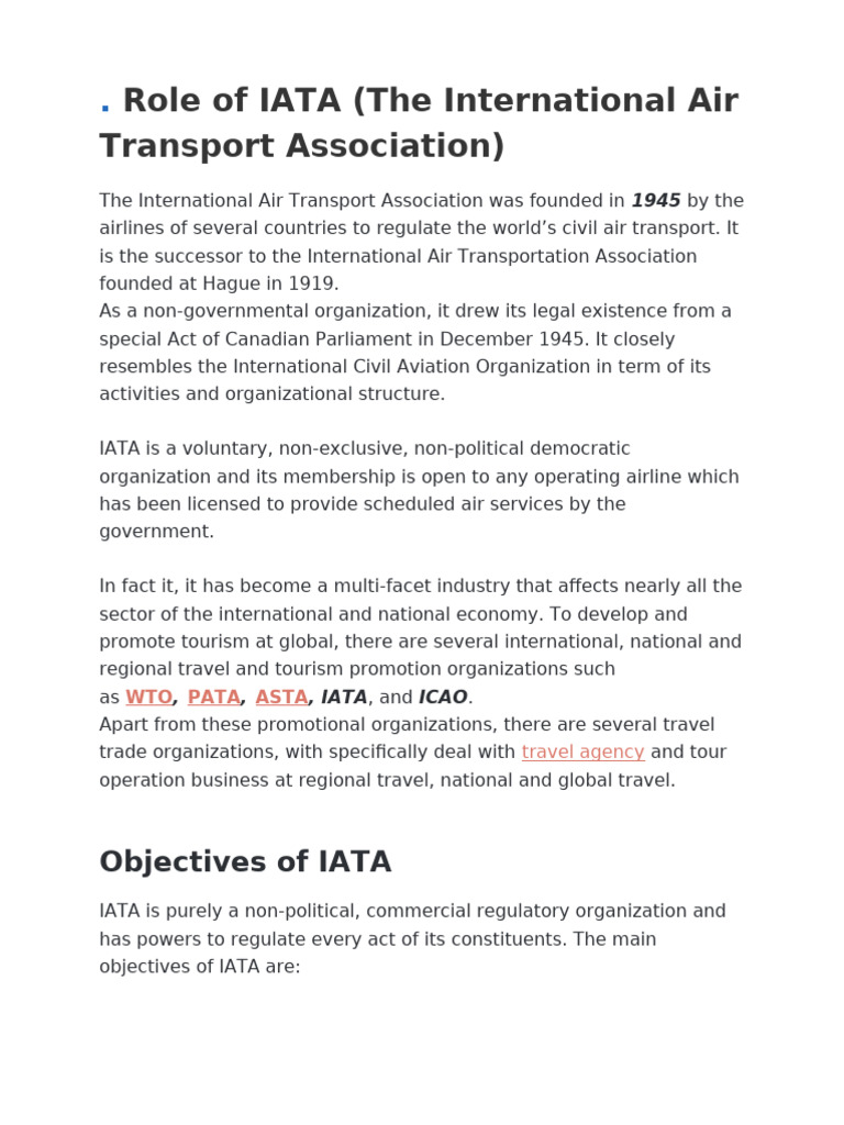 Role of IATA (The International Air Transport Association) | PDF