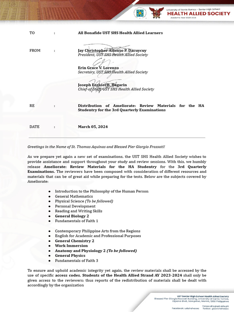 HASOC Ameliorate Letter 3rd Quarter | PDF