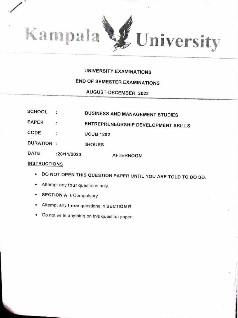 Entrepreneurship Development Skills Past Paper | PDF