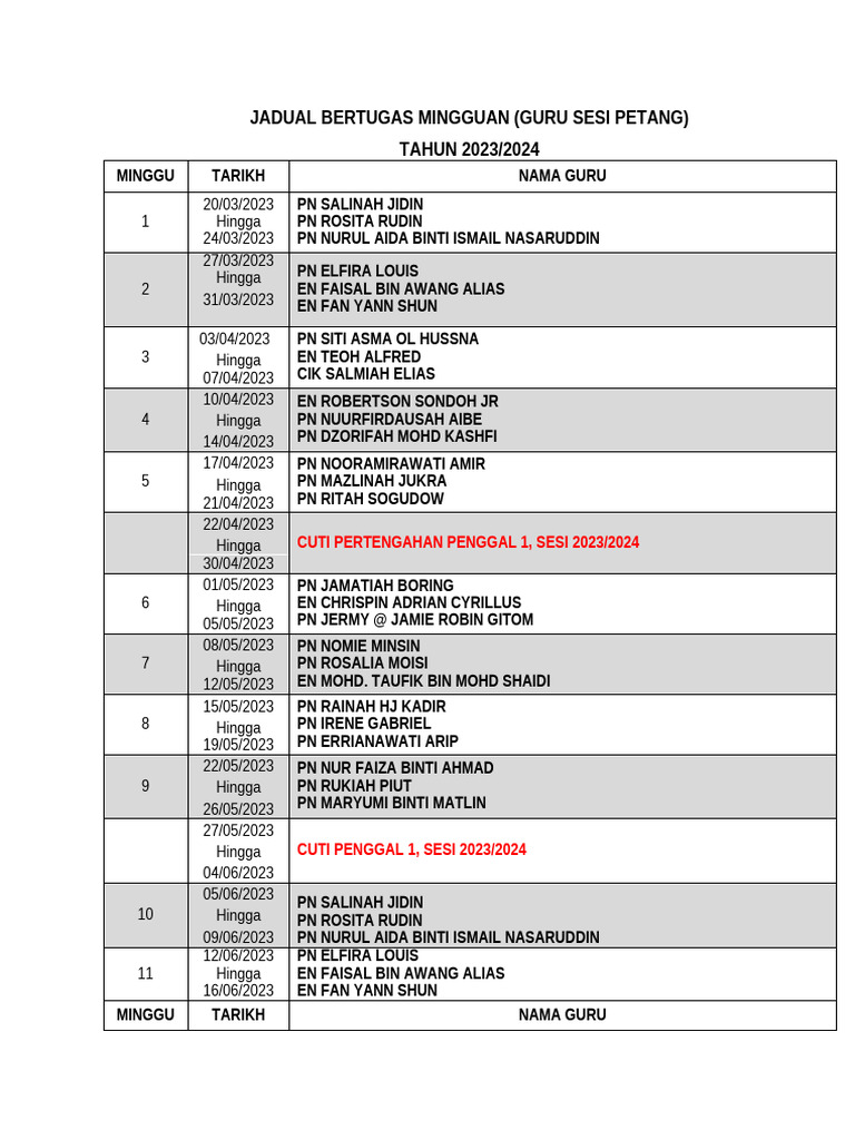 Jadual Bertugas Mingguan Sesi Petang 2023 - 2024 | PDF