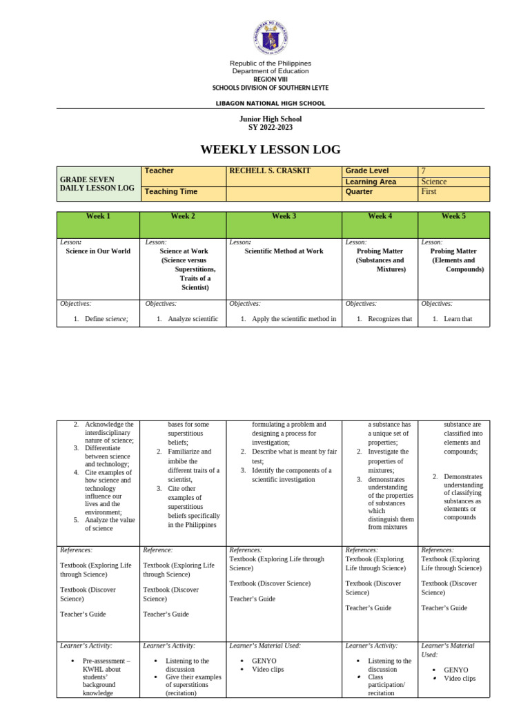 1ST Quarter Science 7 DLL | PDF