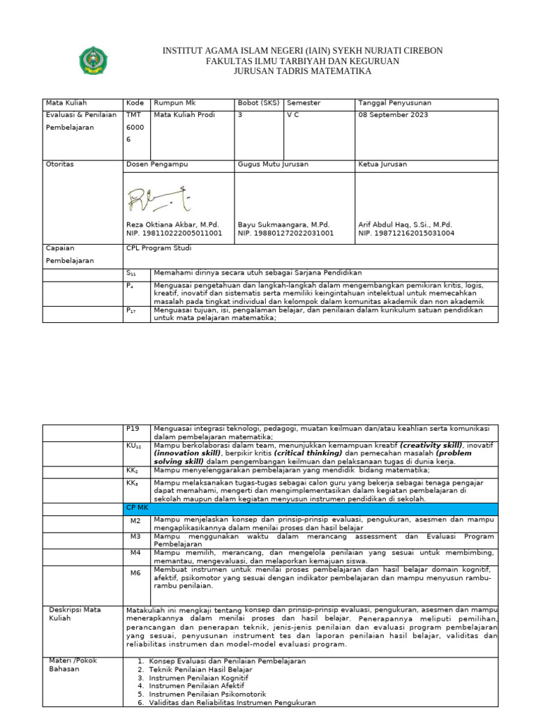 RPS Evaluasi & Penilaian Pembelajaran | PDF