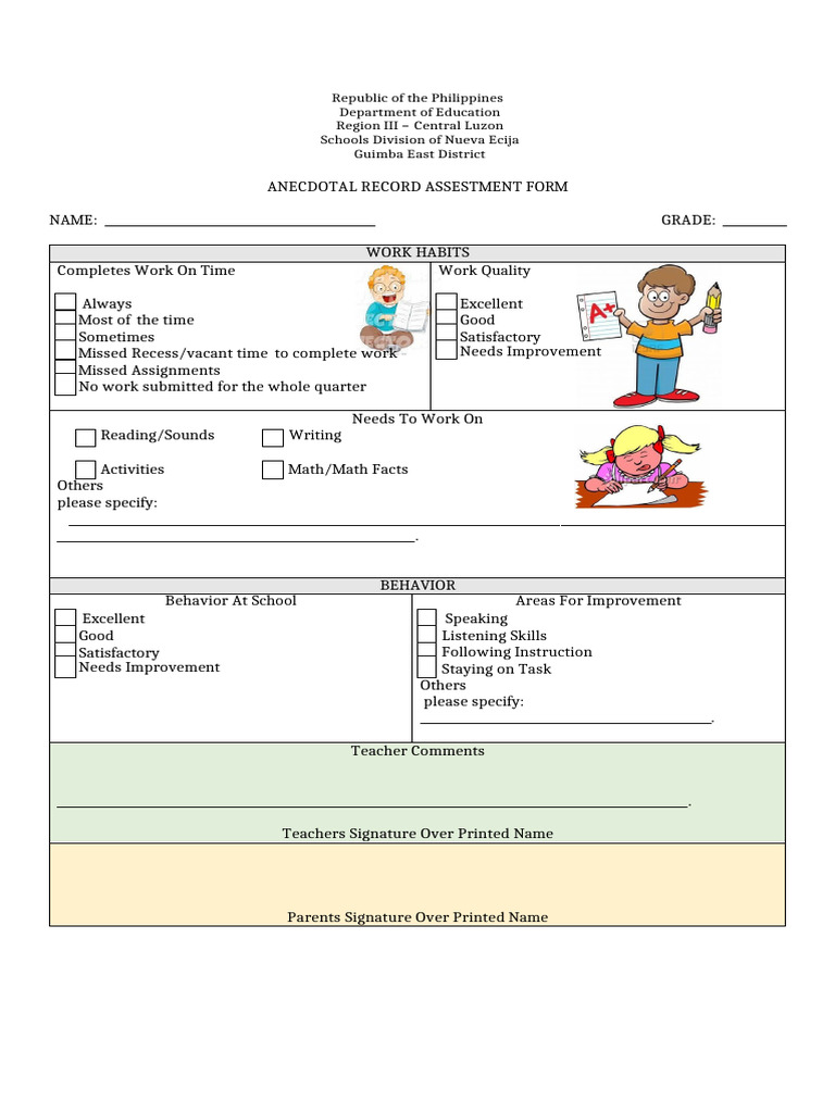 Anecdotal Record Assessment Form | PDF