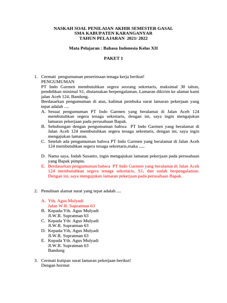 Soal PAS Bindo Kelas XII Paket 1 | PDF