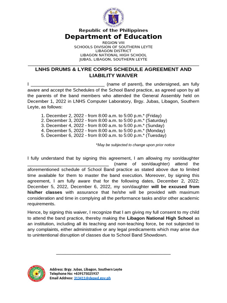 Band Practice Waiver and Consent | PDF | Wellness