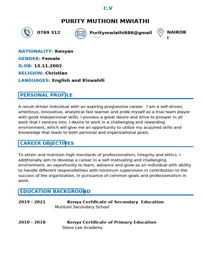 Purity Muthoni. CV | PDF