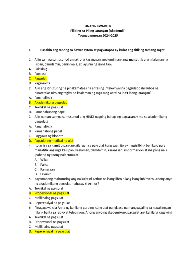 1st - Q - EXAM - PFPL (AKADEMIK) | PDF