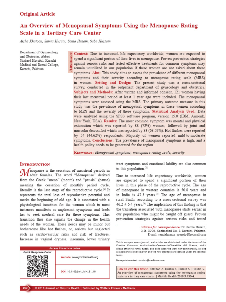 An Overview of Menopausal Symptoms Using The Menopause Rating Scale in ...