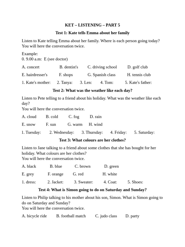 Ket. Listening part 5 | PDF