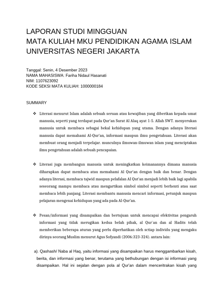 Laporan Studi Mingguan MKU PAI | PDF