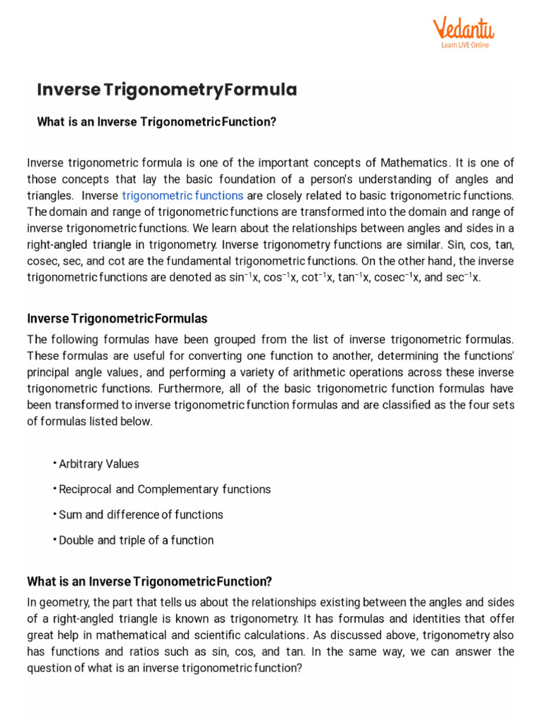 Inverse Trigonometry Formula | PDF