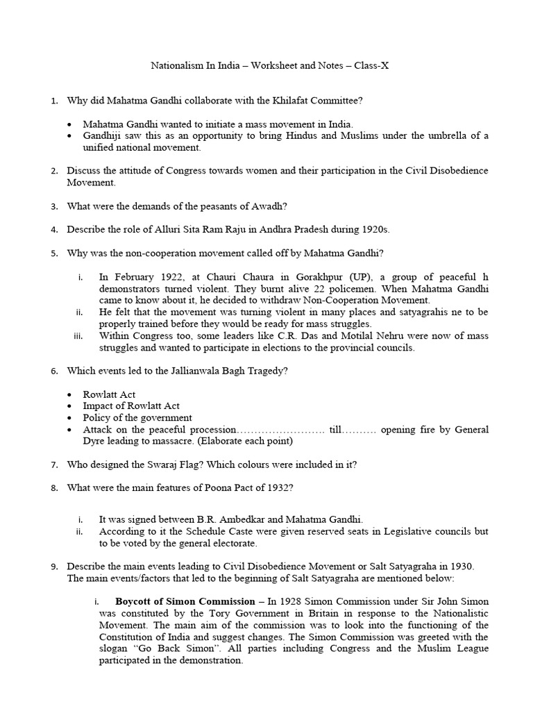 ClassX Nationalism in India - Worksheet and Notes | PDF | British Raj ...