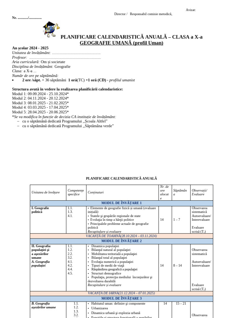Geografie - Planificari Calendaristice - Liceu Teoretic - Profil Umanist | PDF
