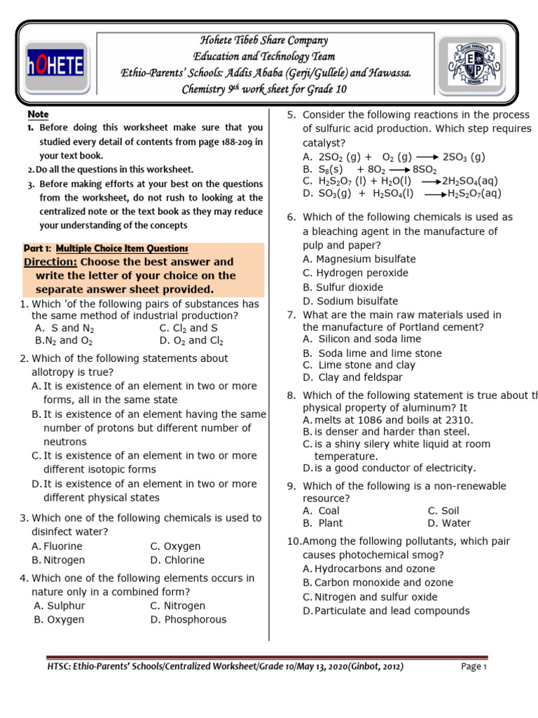 Chemistry Grade 10 Worksheet 5 | PDF