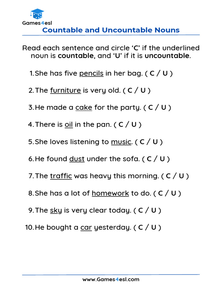 Countable and Uncountable Nouns Worksheet 3 Grade 3 | PDF