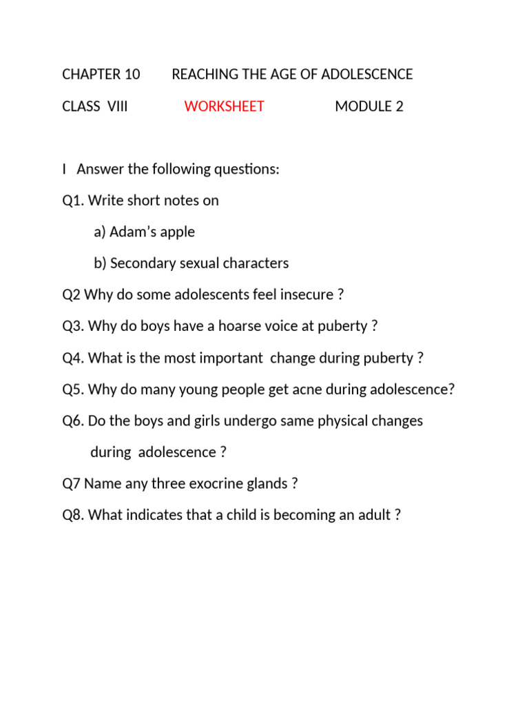Viii Sci l10 m02 Reaching The Age of Adolescence Worksheet | PDF