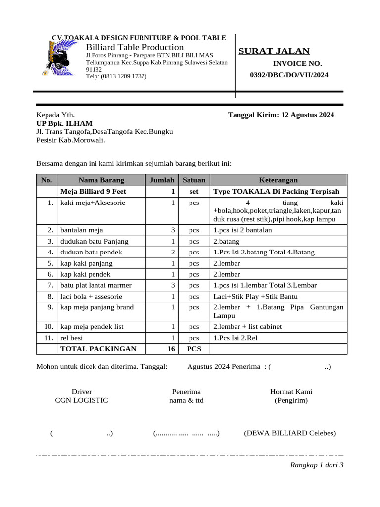 Invoice Meja Billiard TOAKALA 2024 | PDF