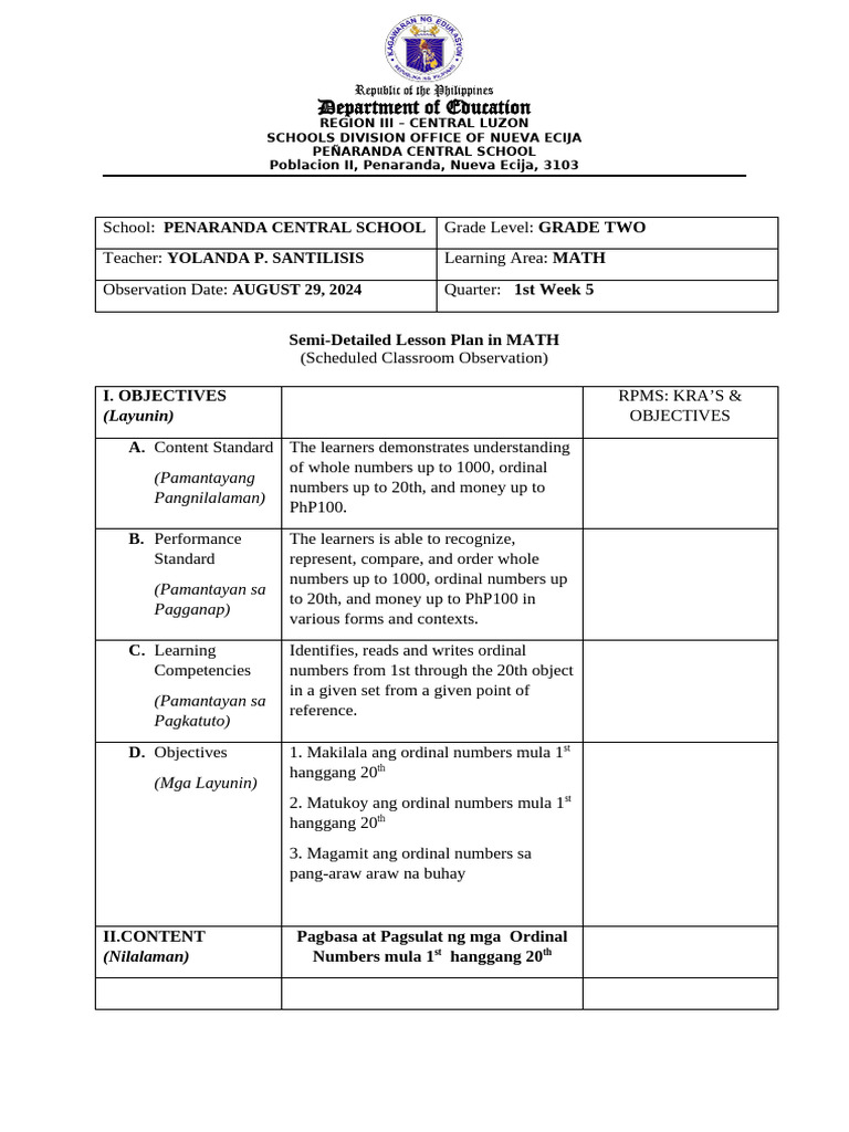 q1 - Week4 - Math2 - Ordinal Numbers (Co1 For MT) | PDF