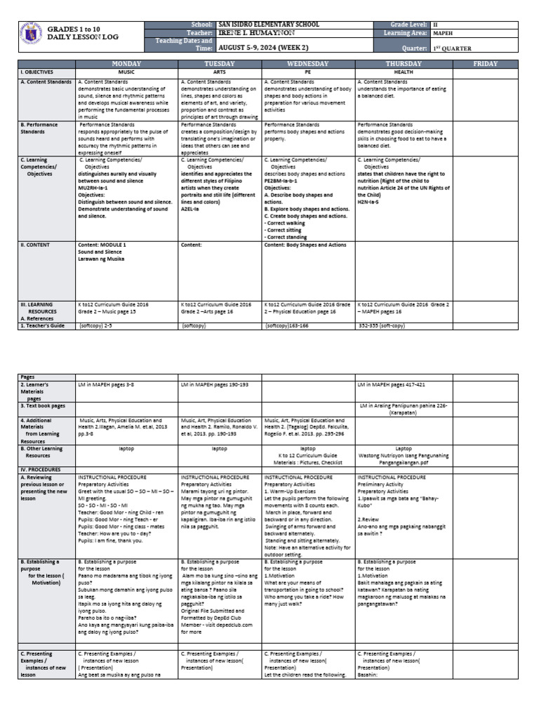 DLL - Mapeh 2 - Q1 - W1 | PDF
